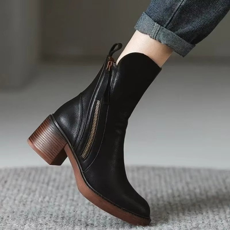 Retro Mid Tube Side Zipper Boots for Women – ForestFieldFashion