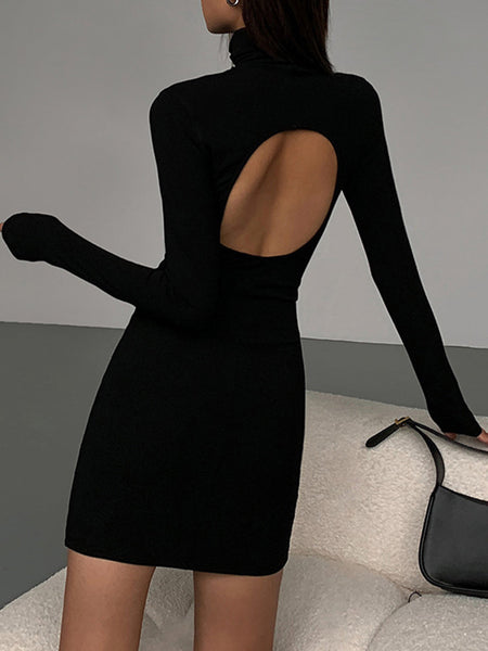 Turtleneck Open Back Long Sleeve Short Dress – ForestFieldFashion